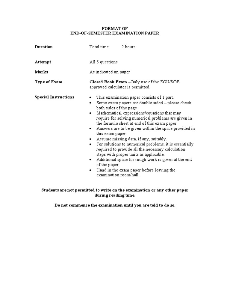 Format of End of Semester Exam Paper - S2 - 2019 PDF | PDF
