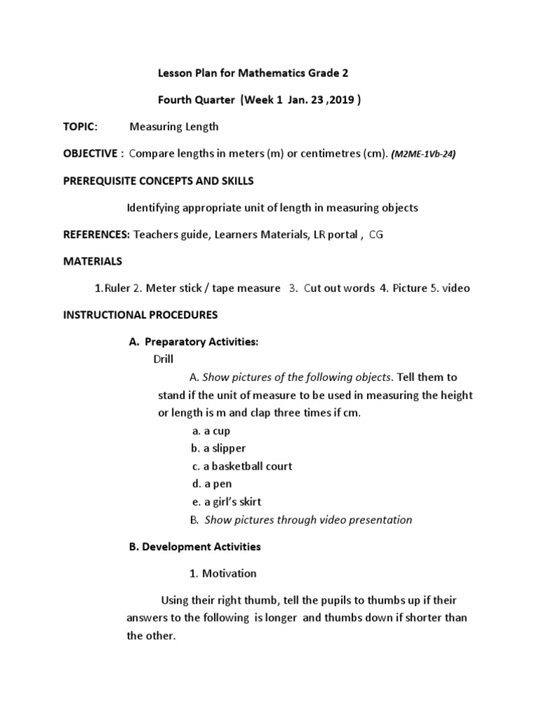 Teaching Guide For Mathematics Grade 2 Length Lesson 102 COT LESSON ...