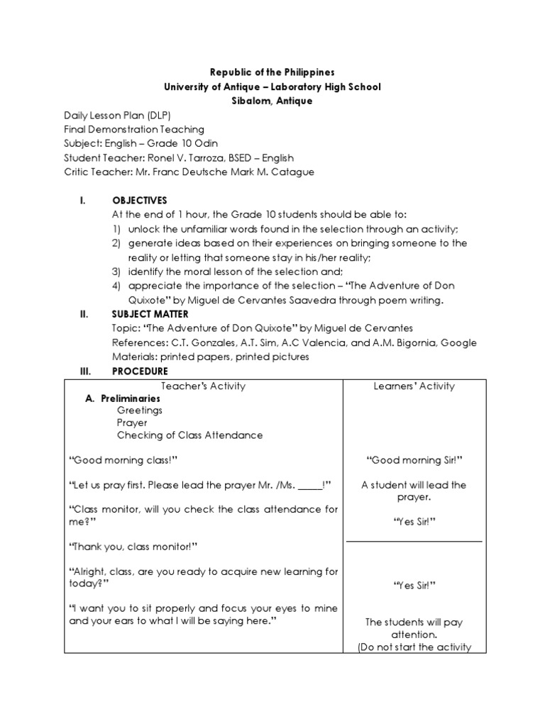 Don Quixote Lesson Plan for Grade 10 | PDF