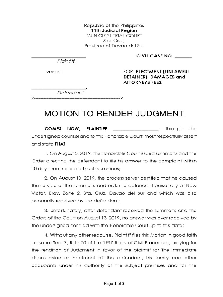 Motion To Render Judgment - Form | PDF
