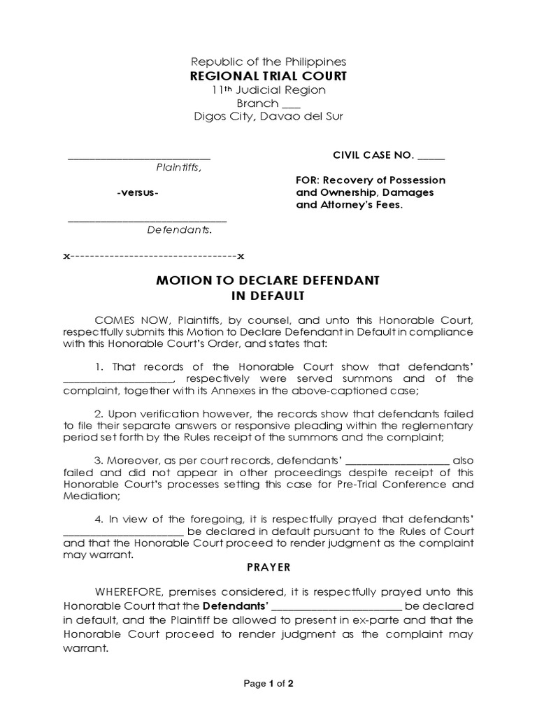 Motion to Declare Defendant in Default | PDF | Law