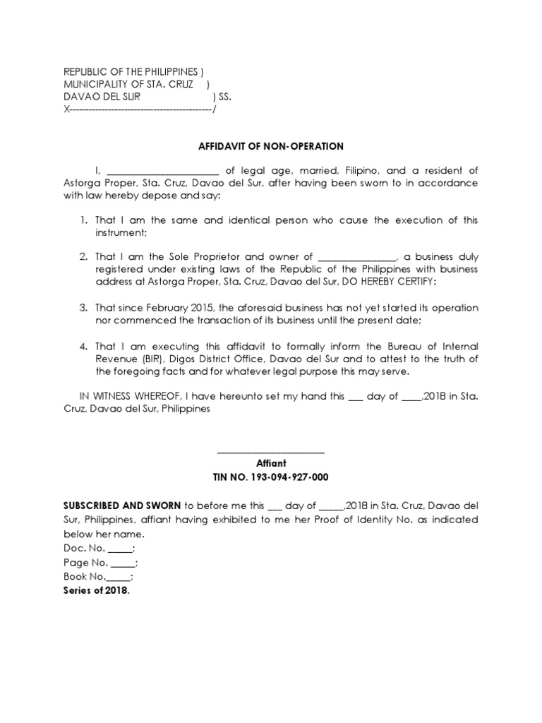 Affidavit of Non-Operation in Davao del Sur | PDF | Finance & Money ...