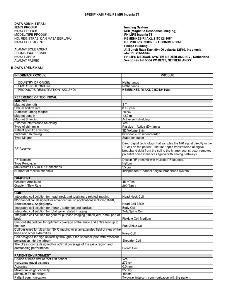 Spesifikasi Philips MRI Ingenia 3T | PDF