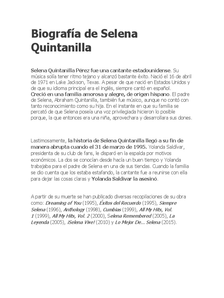 Biografía de Selena Quintanilla | PDF