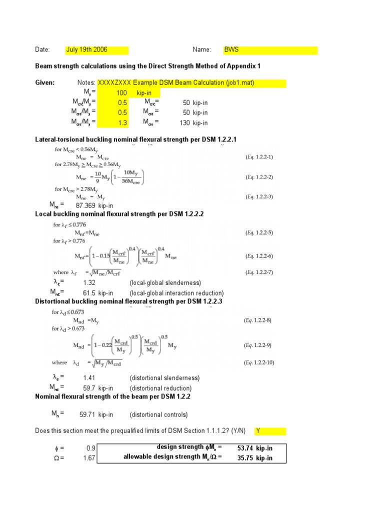 DSM Beam and Column Strength Calculations | PDF