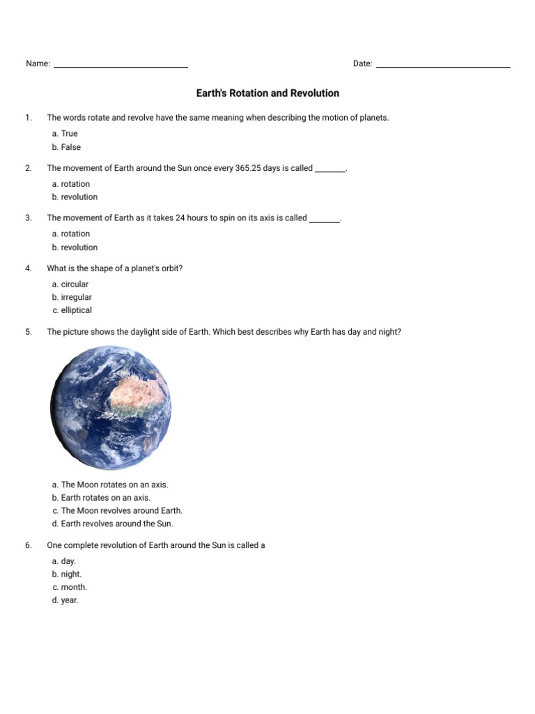 Earth's Rotation and Revolution (Grade 6) - Free Printable Tests and ...