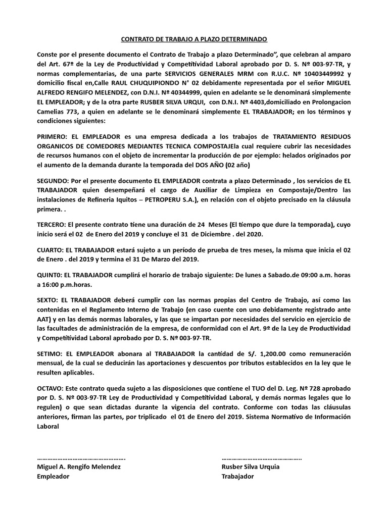 Contrato de Trabajo A Plazo Determinado | PDF