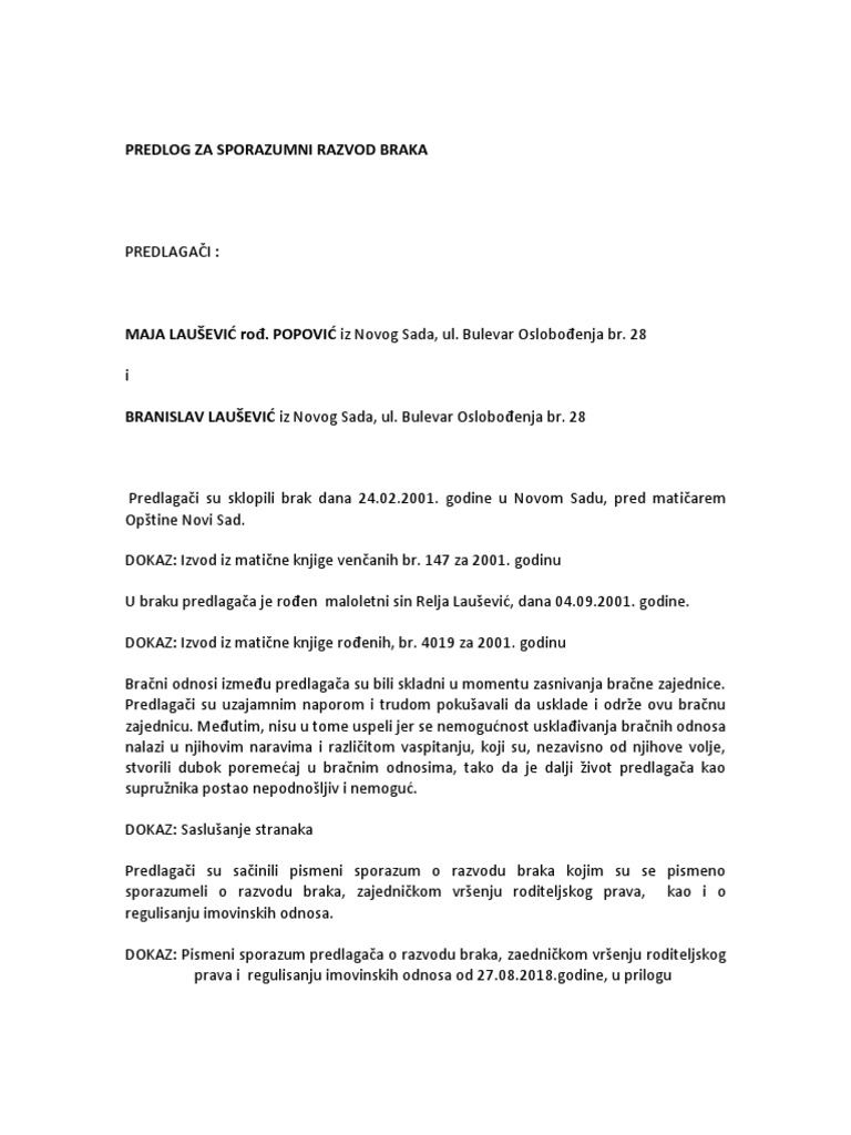 Predlog Za Sporazumni Razvod Braka Maja I Bane | PDF