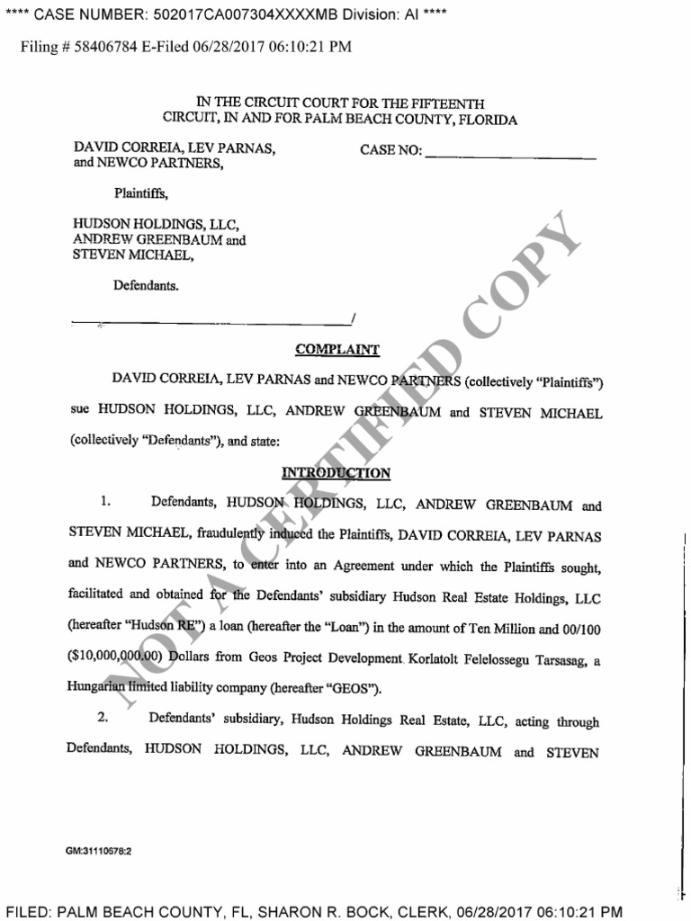 David Correia, Lev Parnas & Newco Partners Vs Hudson Holdings LLC ...