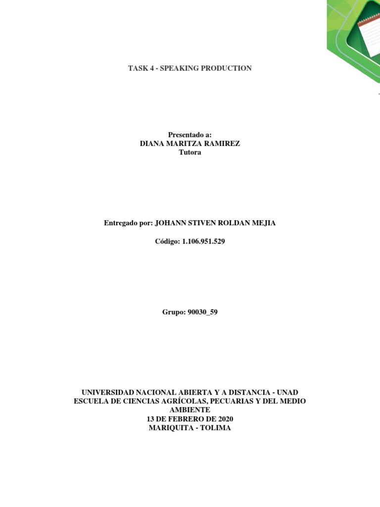 Task 4 - Speaking Production. Johann Roldan | PDF