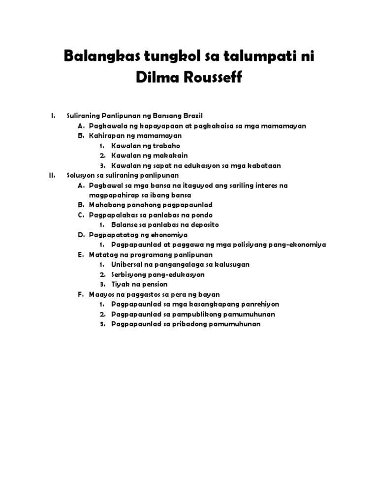 Balangkas Tungkol Sa Talumpati Ni Dilma Rousseff | PDF