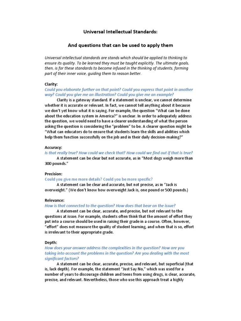 Universal Intellectual Standards | PDF | Question | Critical Thinking