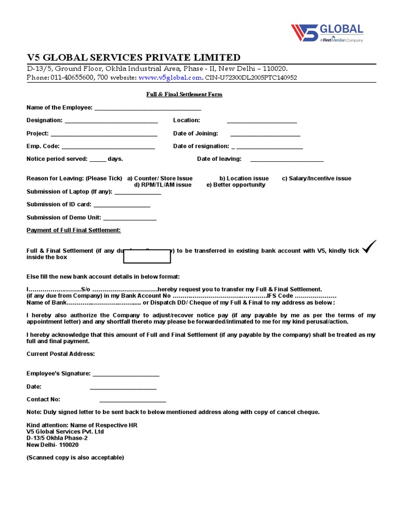 Full and Final Settlement Form for V5 Global Services | PDF
