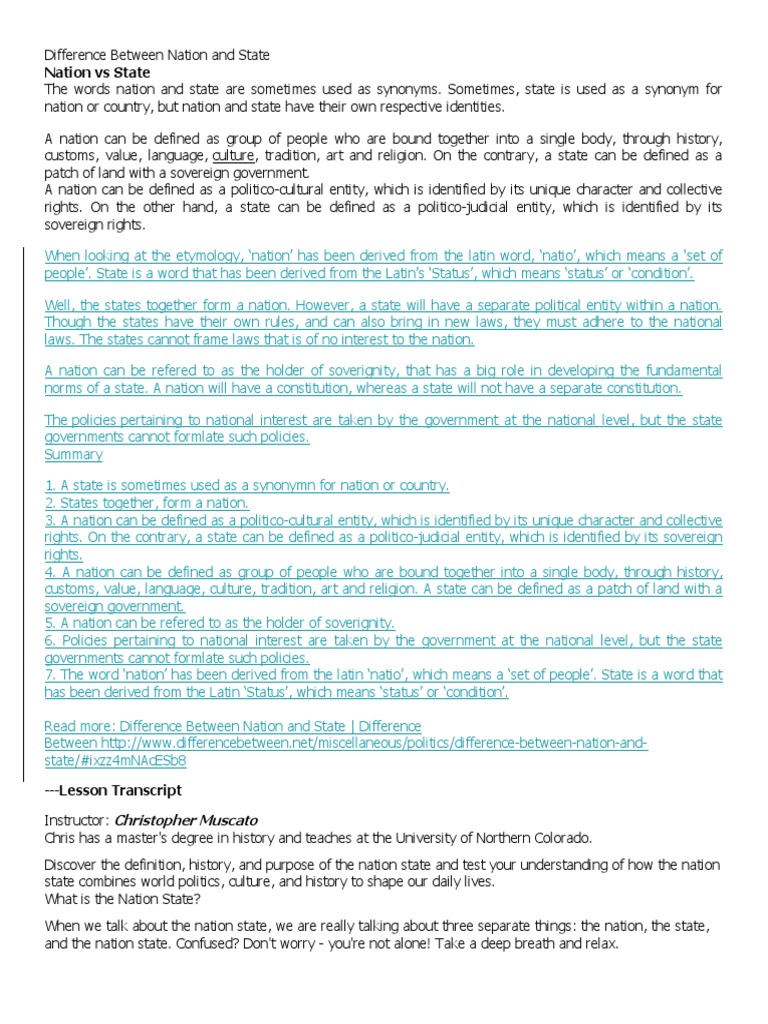 Differences Between Nation and State | PDF | Social Science