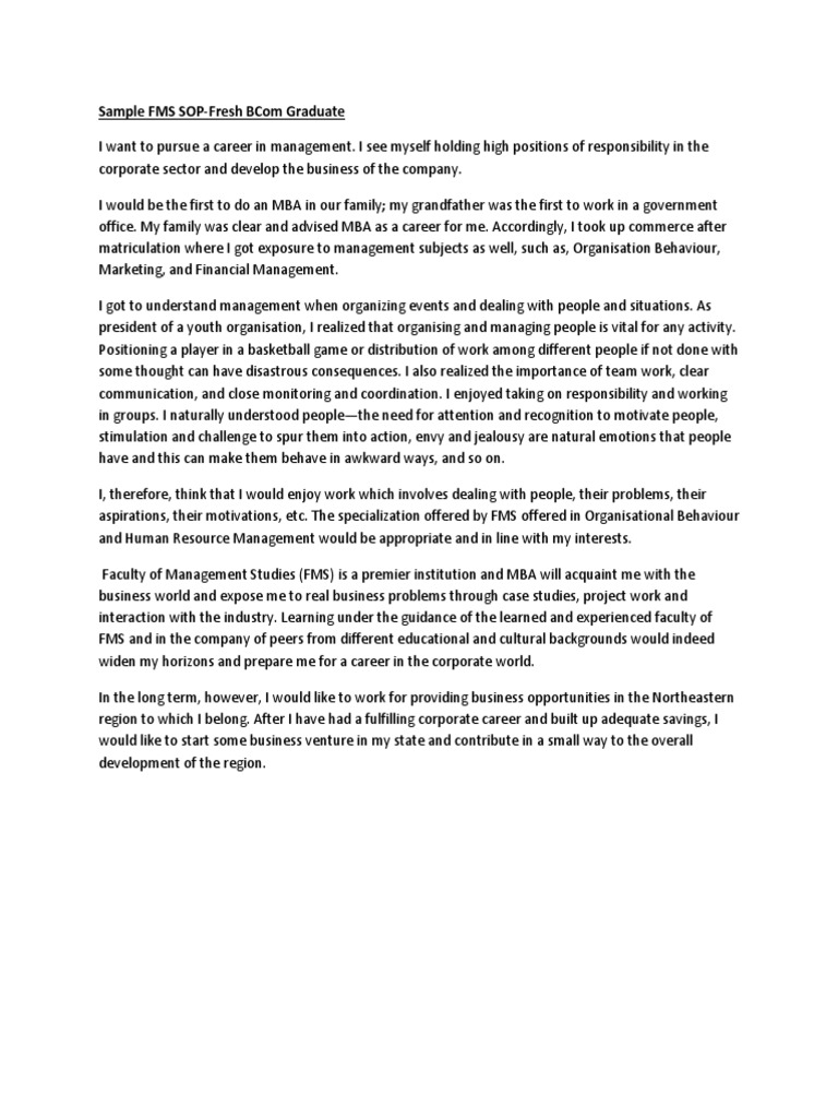 Sample FMS SOP - Fresh BCom Graduate | PDF