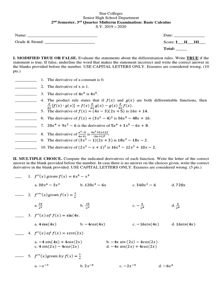 Third Quarter Final Exam in Basic Calculus | PDF