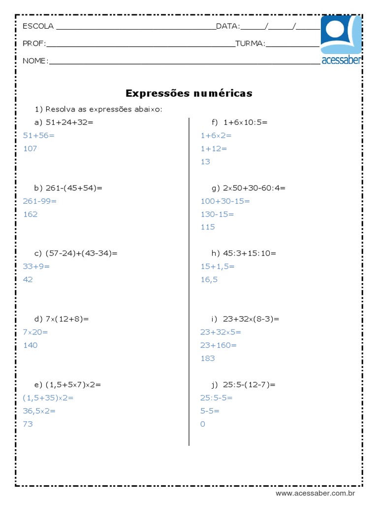Atividade de Matematica Expressoes Numericas 5 Ou 6 Ano Respostas | PDF