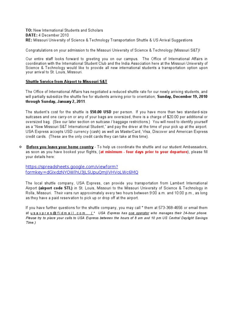 Missouri S&T International Student Shuttle Guide | PDF | Baggage | Missouri