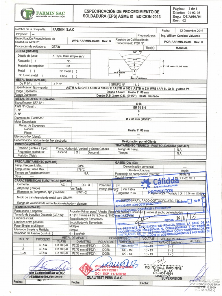 Procedimiento de Soldadura ASME WPS PQR y WPQ Sellado Rev.03 | PDF