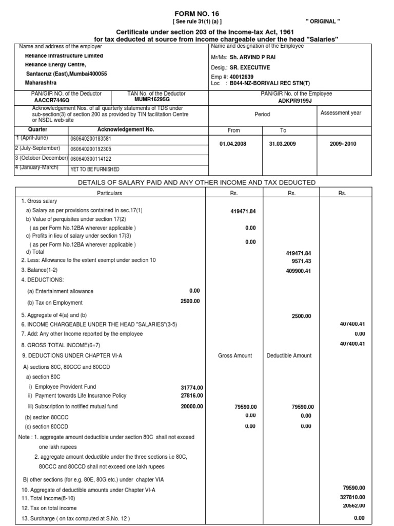 40012639_Form 16 | Employee Benefits | Taxation