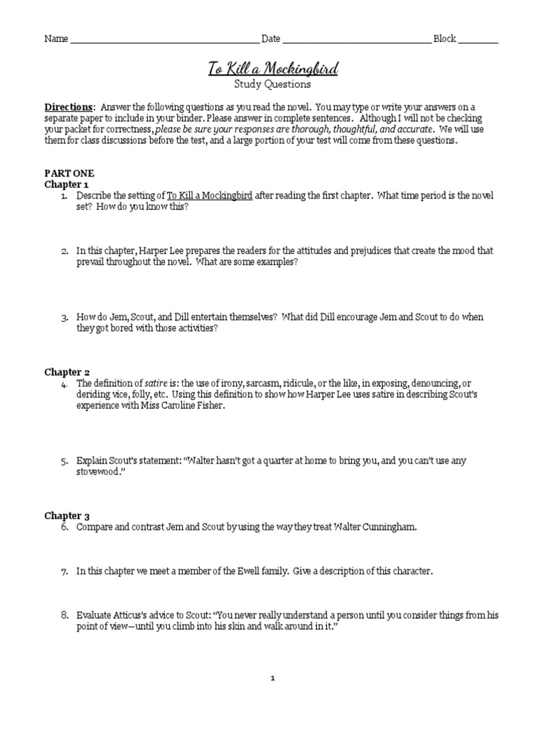 TKAM Study Questions and Analysis | PDF