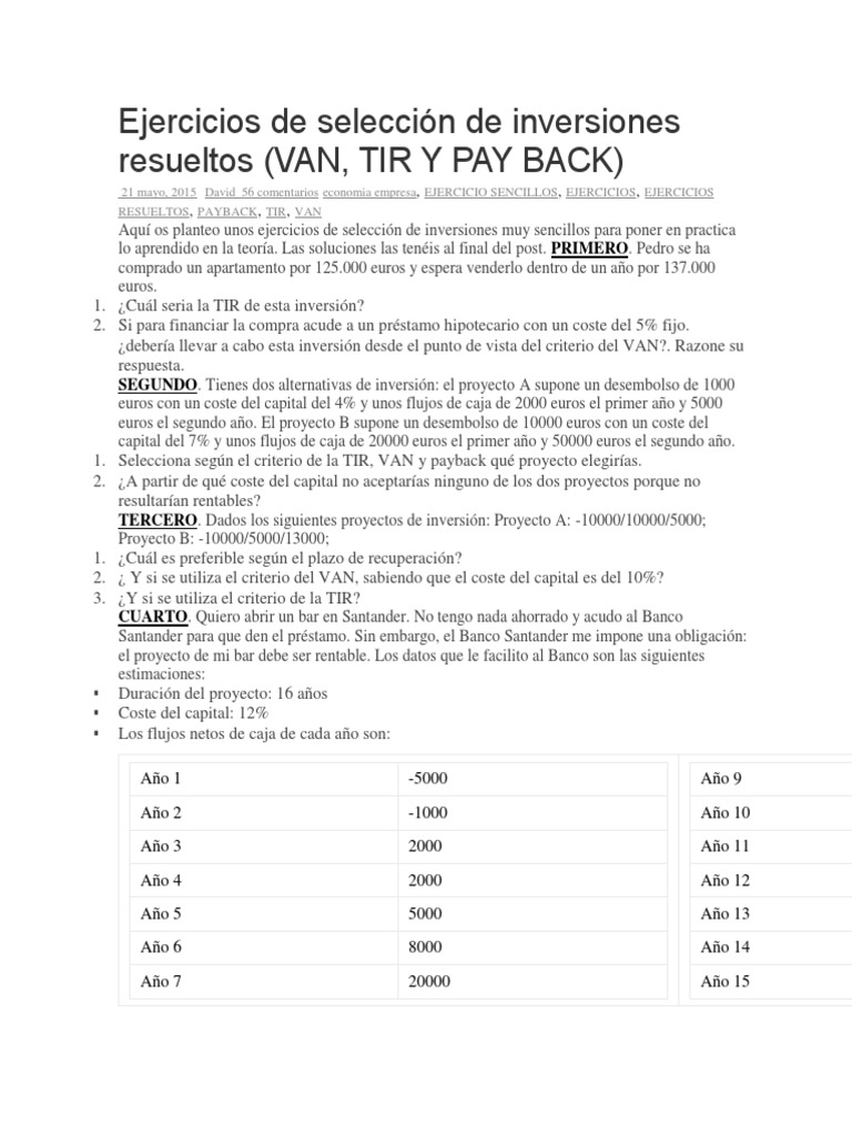 Ejercicios de Selección de Inversiones | PDF | Valor presente neto | Euro