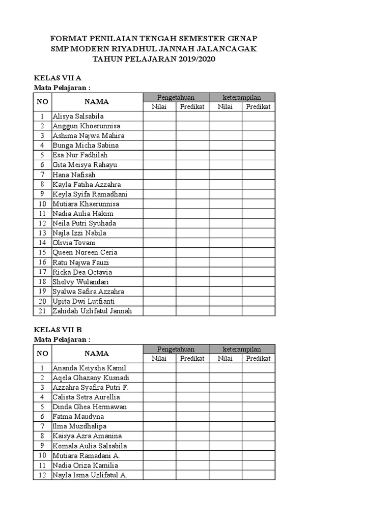 Format Nilai PTS | PDF