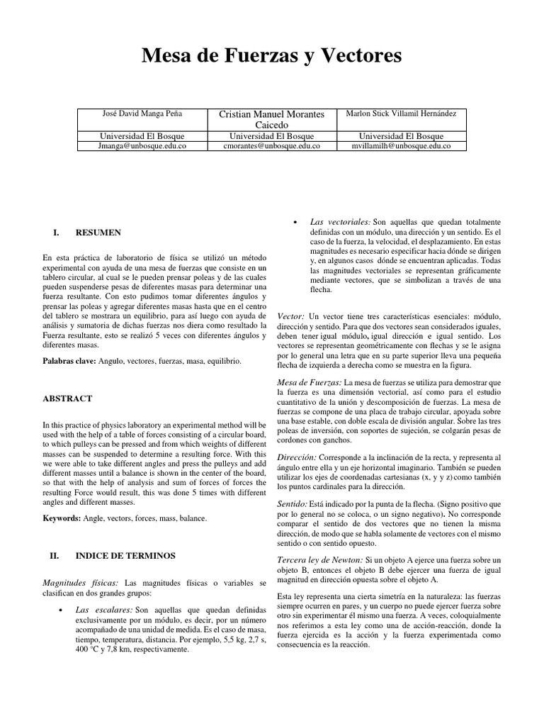 Mesa de Fuerzas y Vectores | PDF | Vector Euclidiano | Fuerza