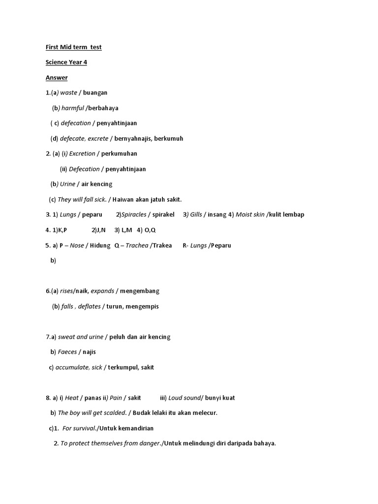 First Mid Term Test Science Year 4 | PDF