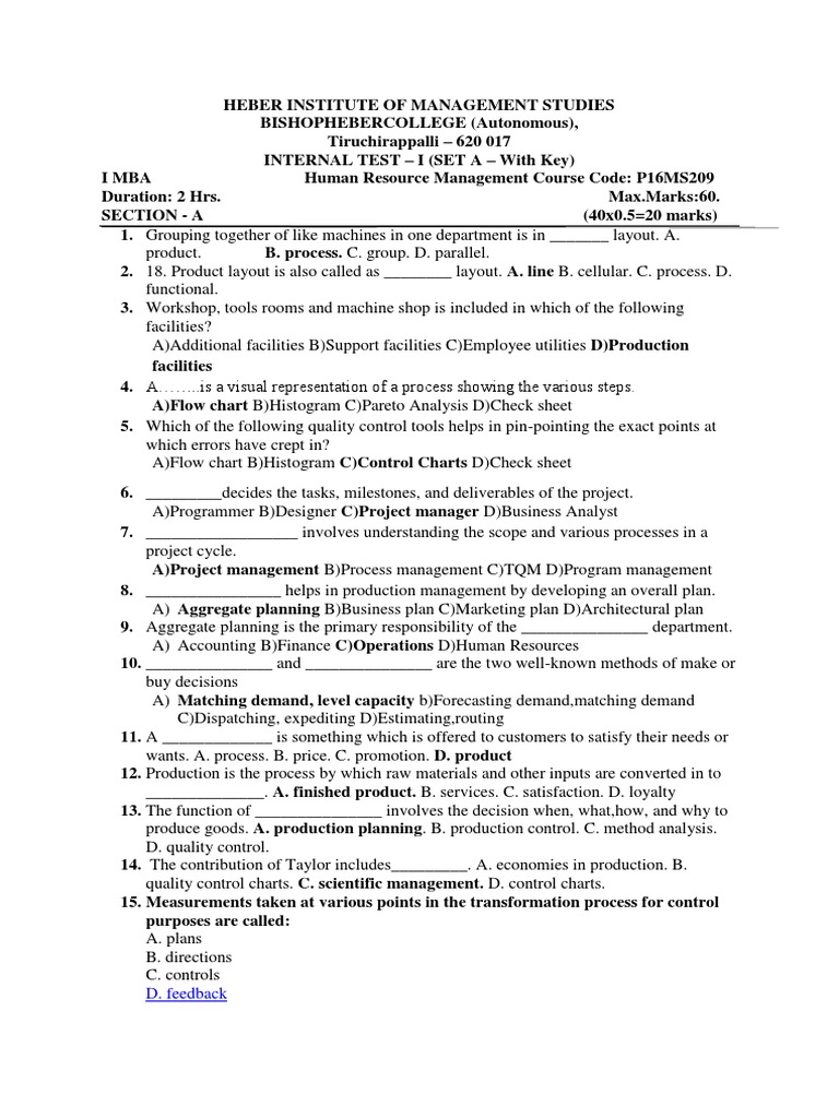 MBA HRM Internal Test Questions Set A | PDF | Operations Management ...