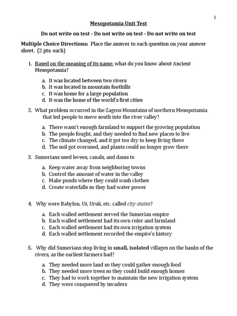 Mesopotamia Unit Test Questions | PDF | Mesopotamia | Babylon
