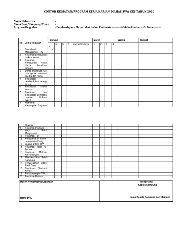Contoh Program Harian KKS Mahasiswa 2020 | PDF