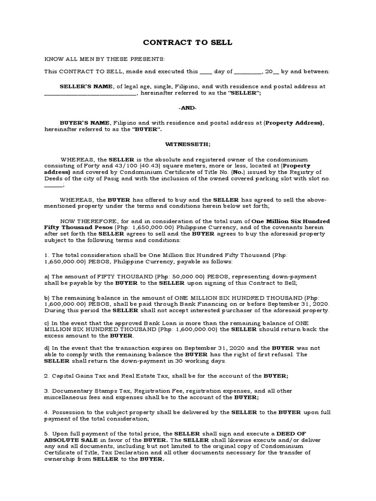 CONTRACT TO SELL (Sample) | PDF | Law And Economics | Taxes
