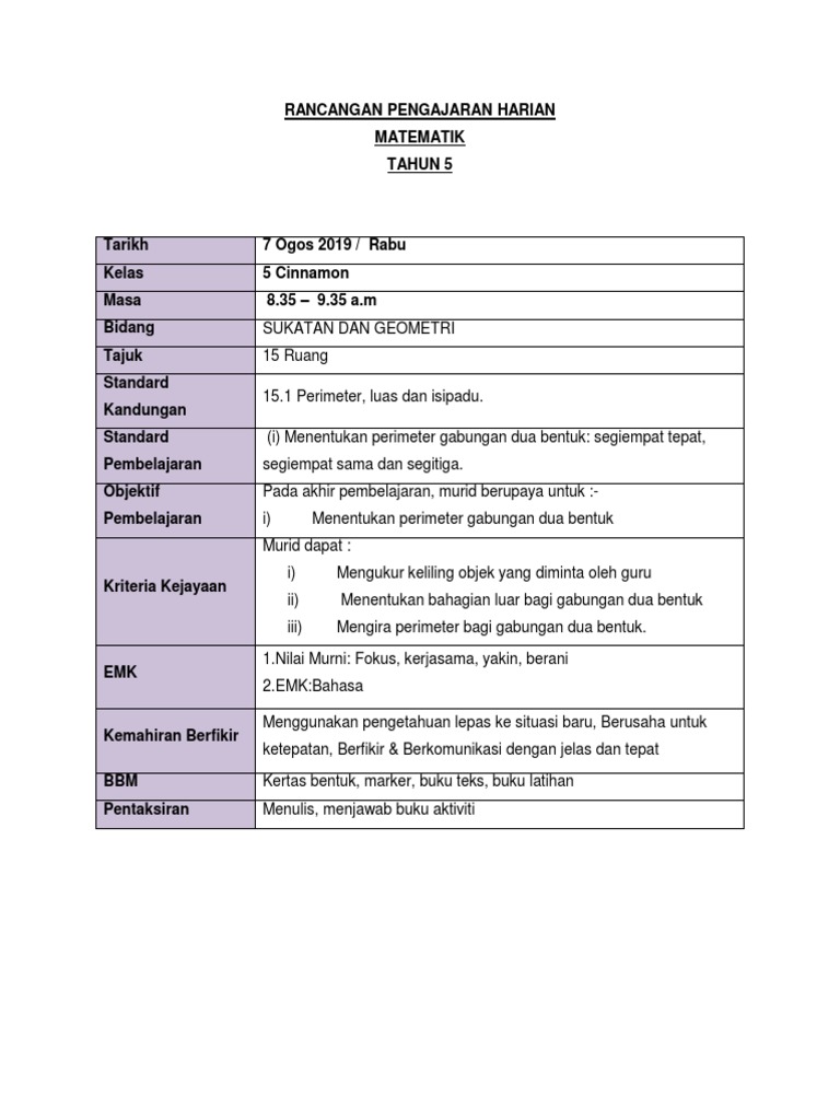 RPH Math t5 RUANG Day 1 | PDF