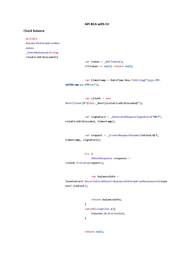 C# API BCA Check Balance Implementation | PDF