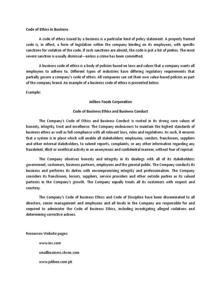 Business Code of Ethics Overview | PDF | Business Ethics | Integrity