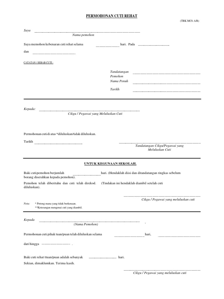 Borang Cuti Rehat-Ppms | PDF