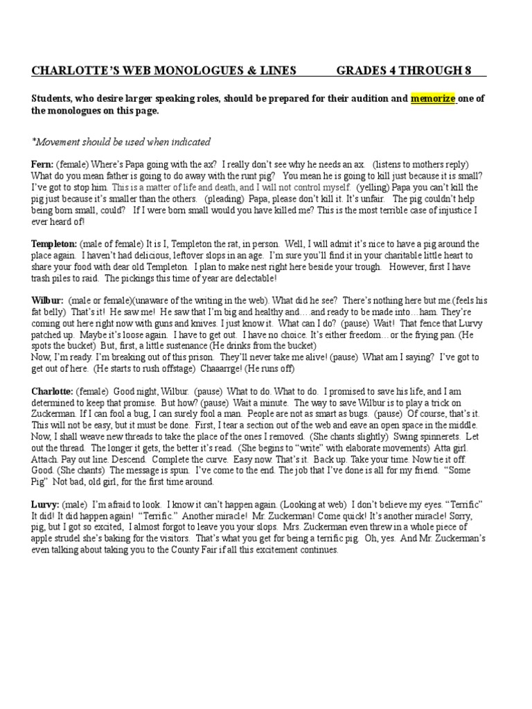 Charlottes Web Audition Monologues Grades 4 8 | PDF