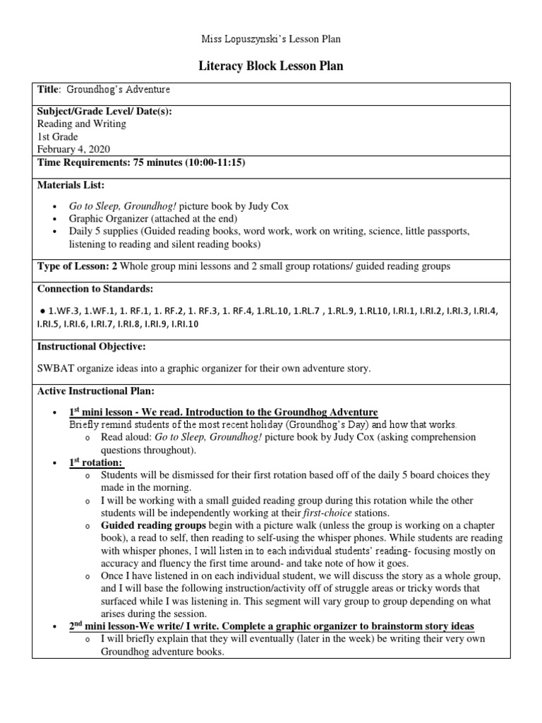 Groundhog Adventure Literacy Lesson Plan | PDF | Lesson Plan | Human ...