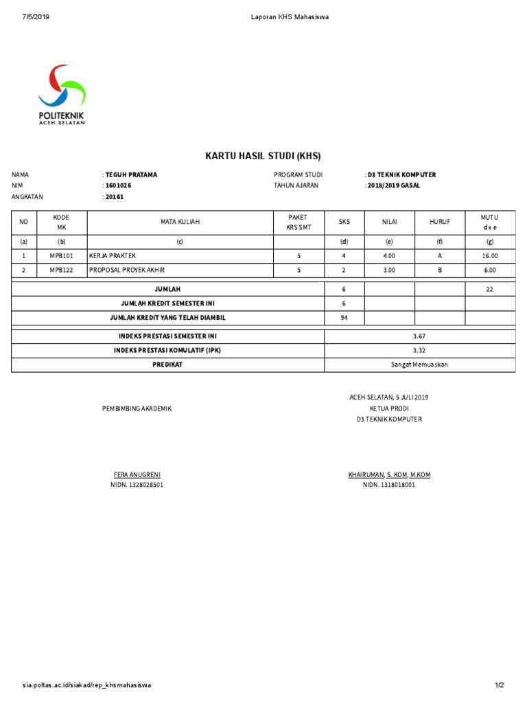 Laporan KHS Mahasiswa | PDF
