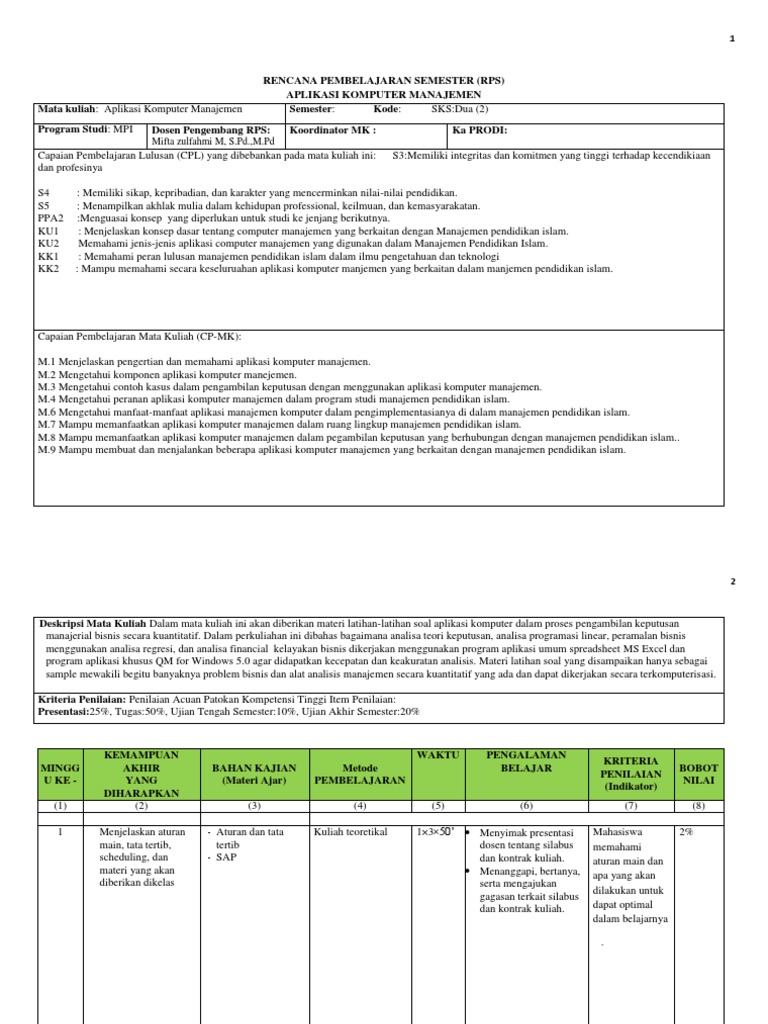 RPS Aplikasi Komputer Manajemen Fix | PDF