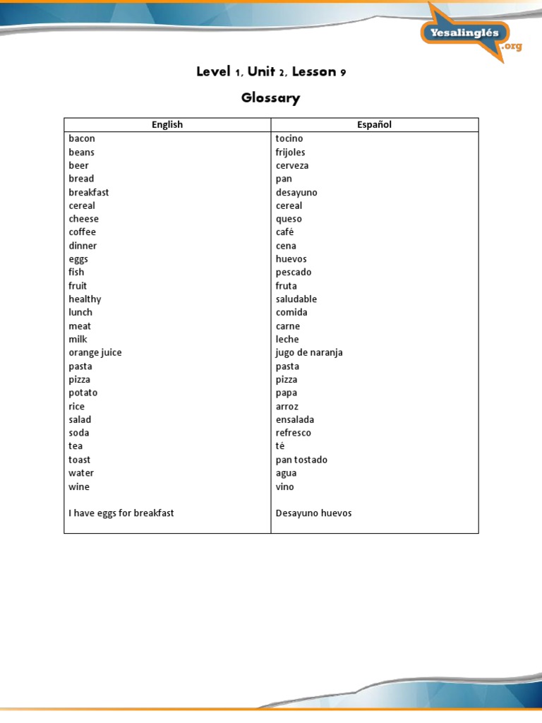 Glosario L1 U2 Lesson9 | PDF