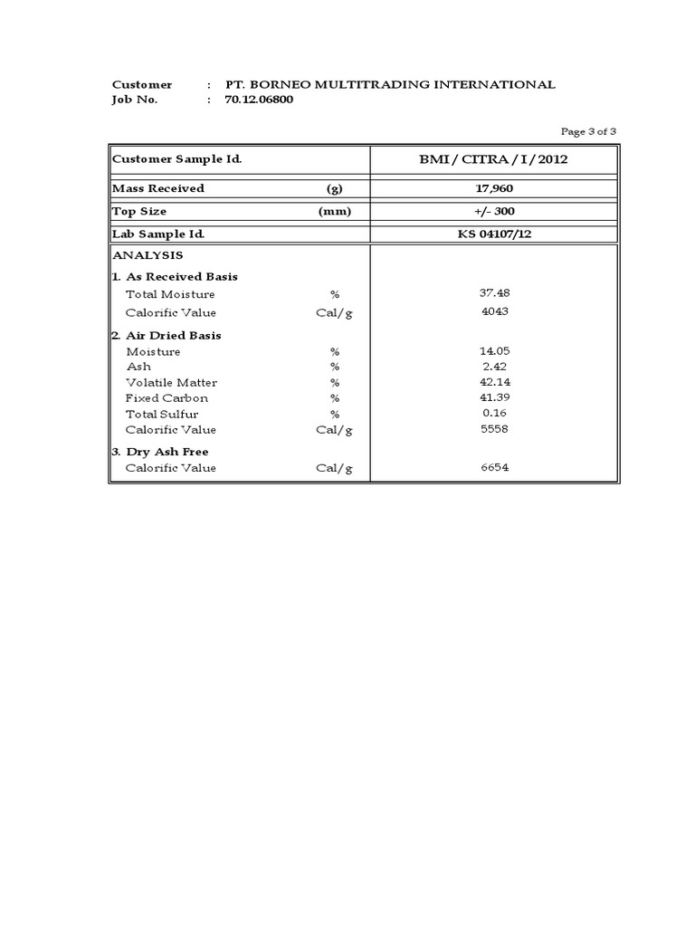 Coal Analysis Report for PT. Borneo | PDF