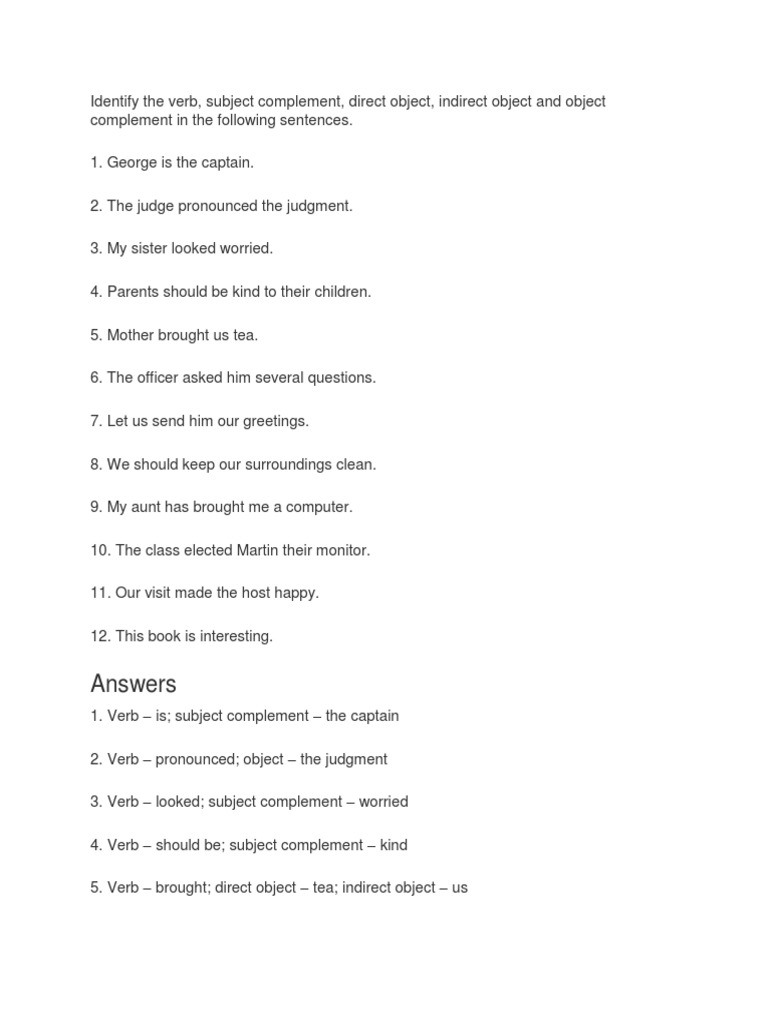 Identifying Verbs, Subject Complements, Direct Objects, Indirect ...