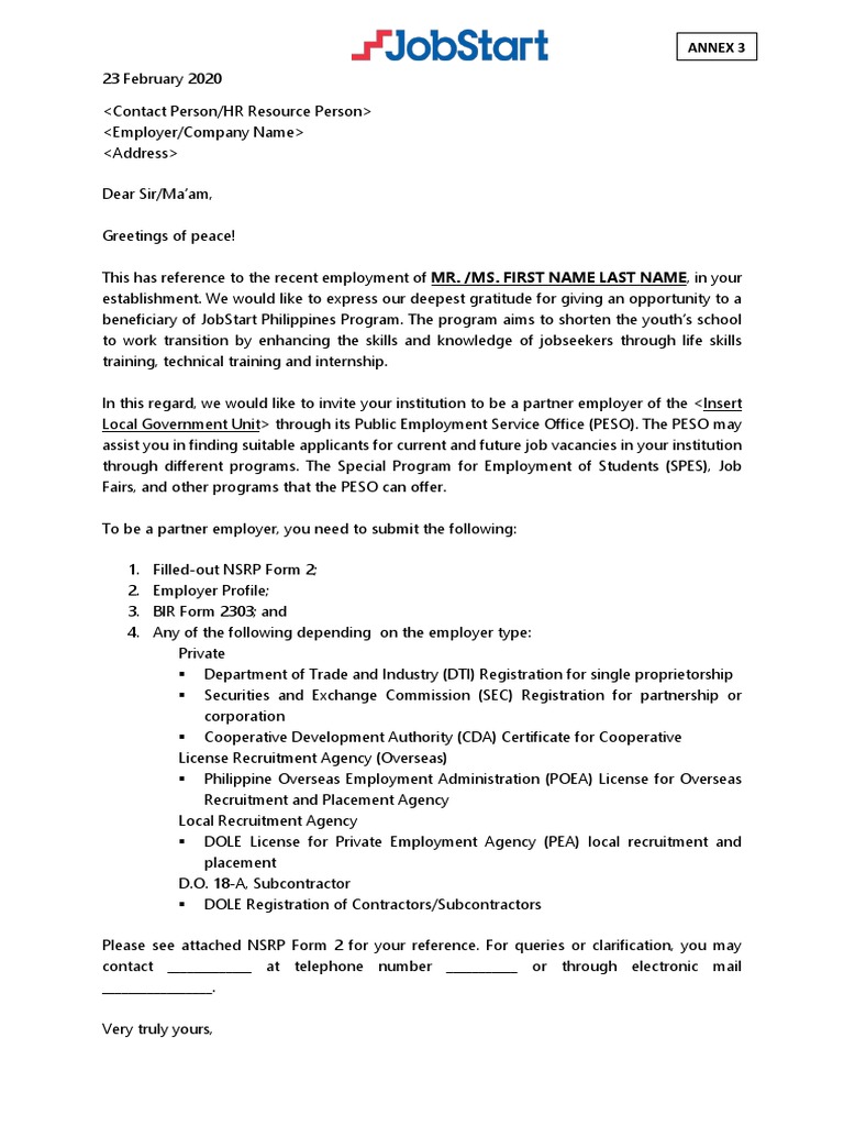 Annex 3 Draft Letter | PDF | Employment | Labor