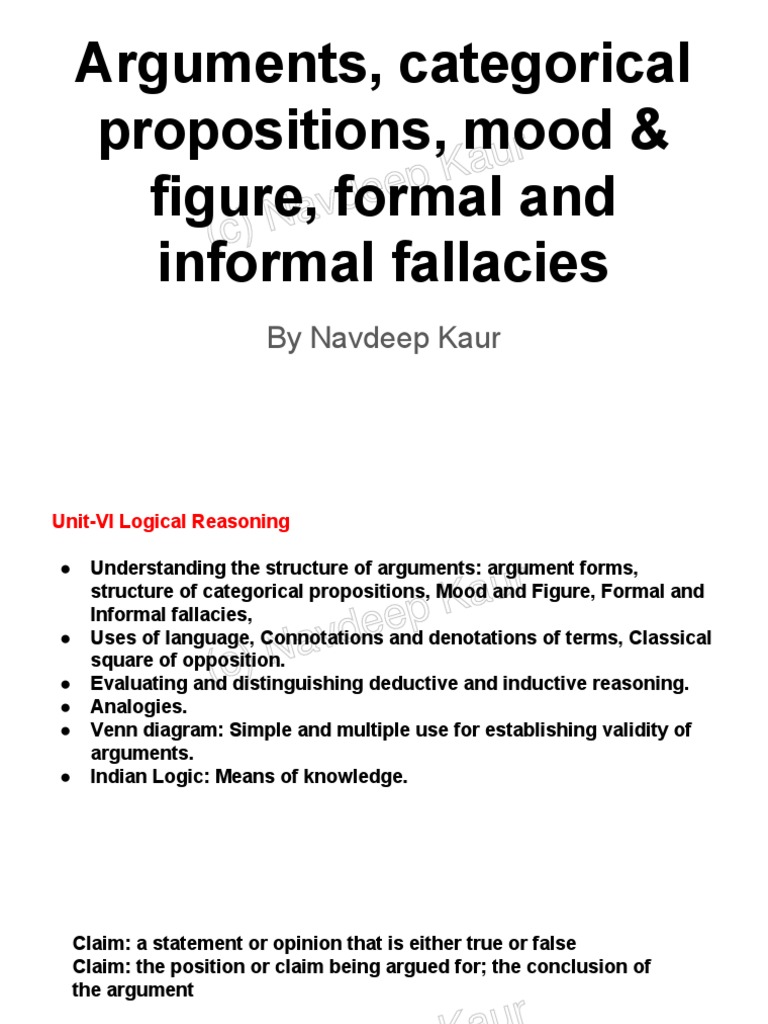 Arguments, Categorical Propositions, Mood & Figure, Formal and Informal Fallacies by Navdeep ...