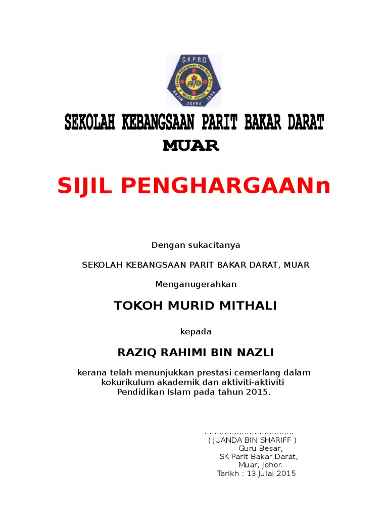 Sijil-Penghargaan-Tokoh-Murid 1 | PDF