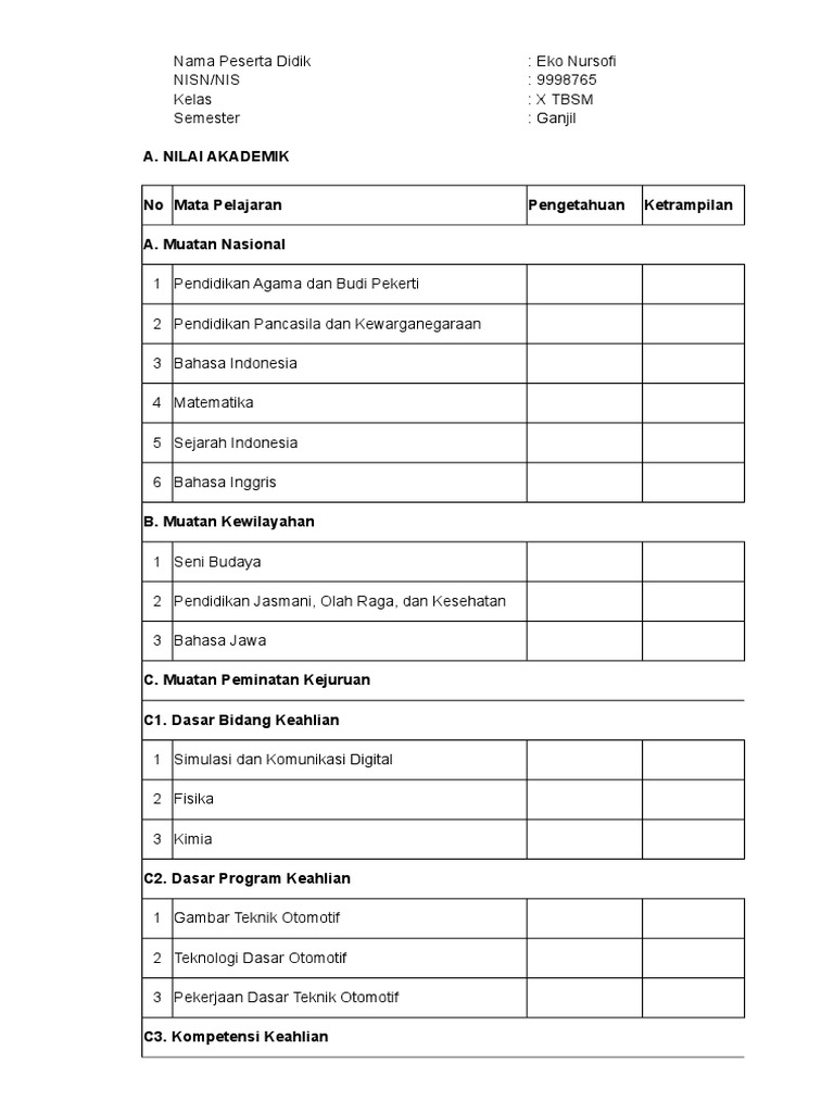 Contoh Pengisian Rapot | PDF