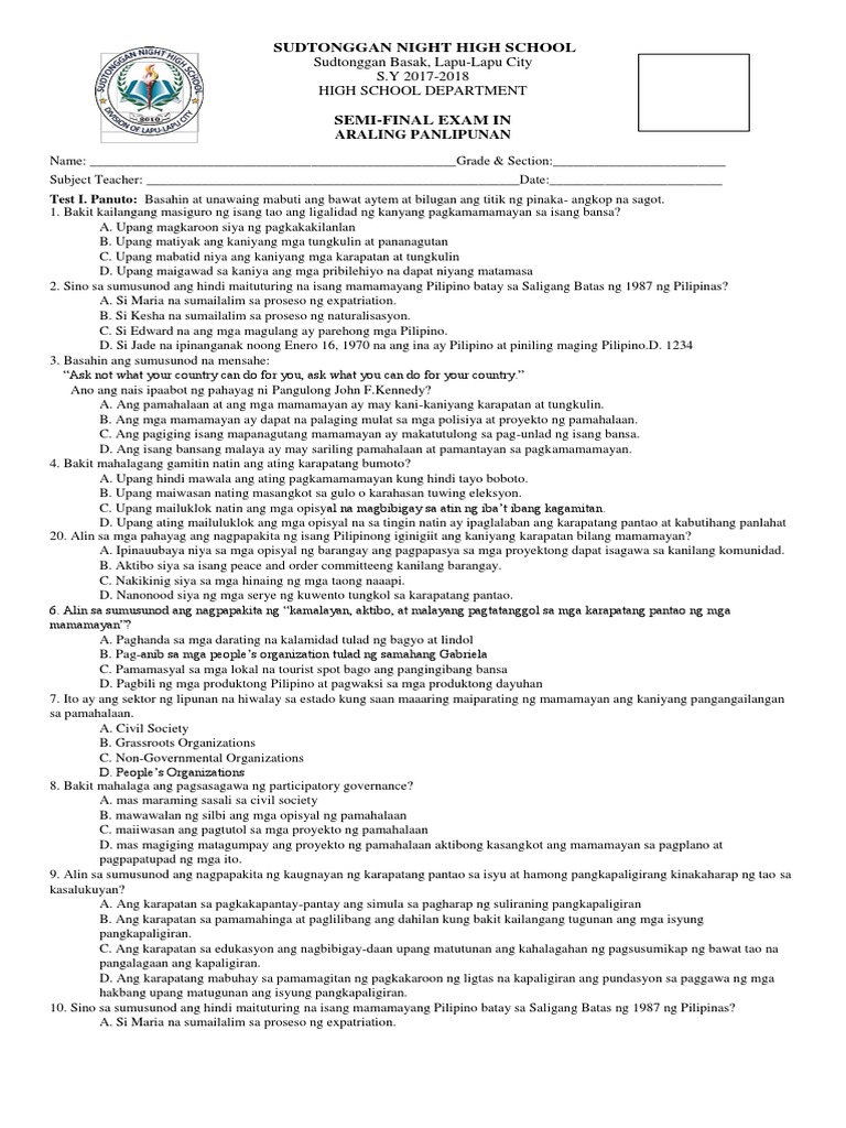 4th Periodical Exam in AP 10 | PDF
