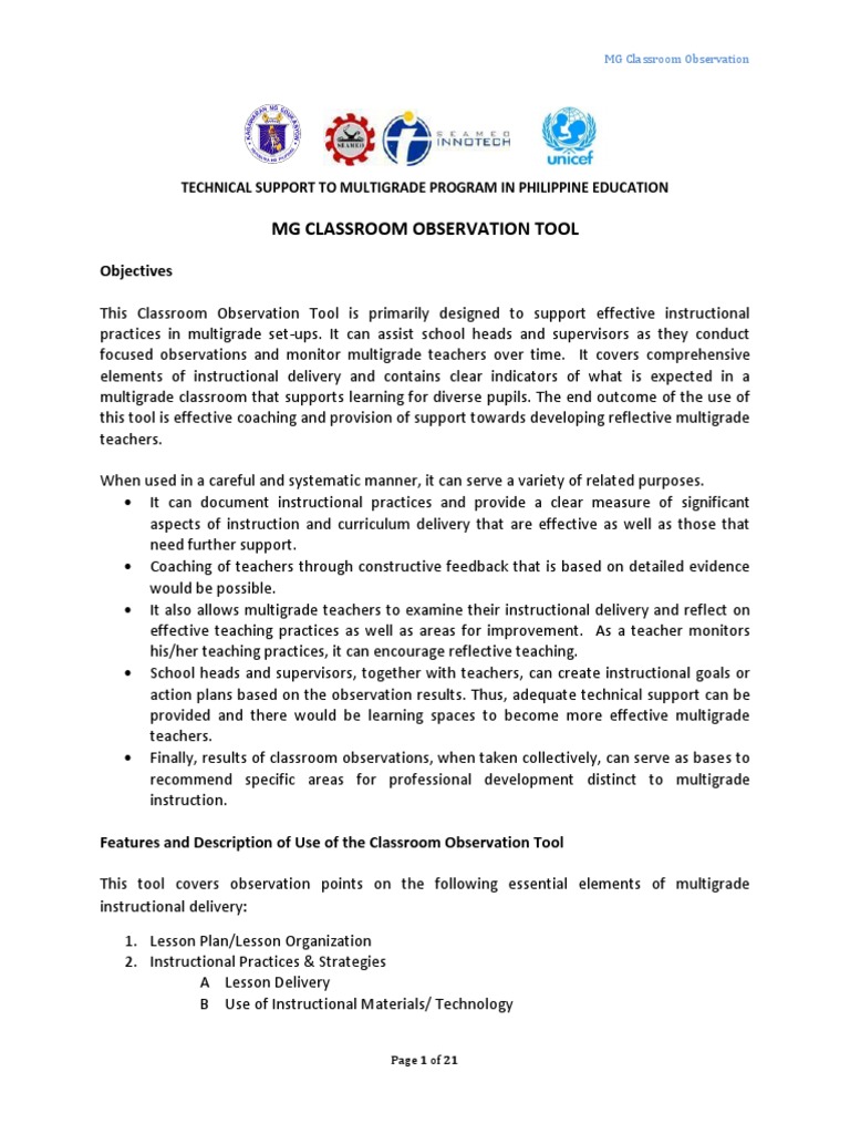 MG Class Observation Tool - April 2019 | PDF | Lesson Plan | Teachers